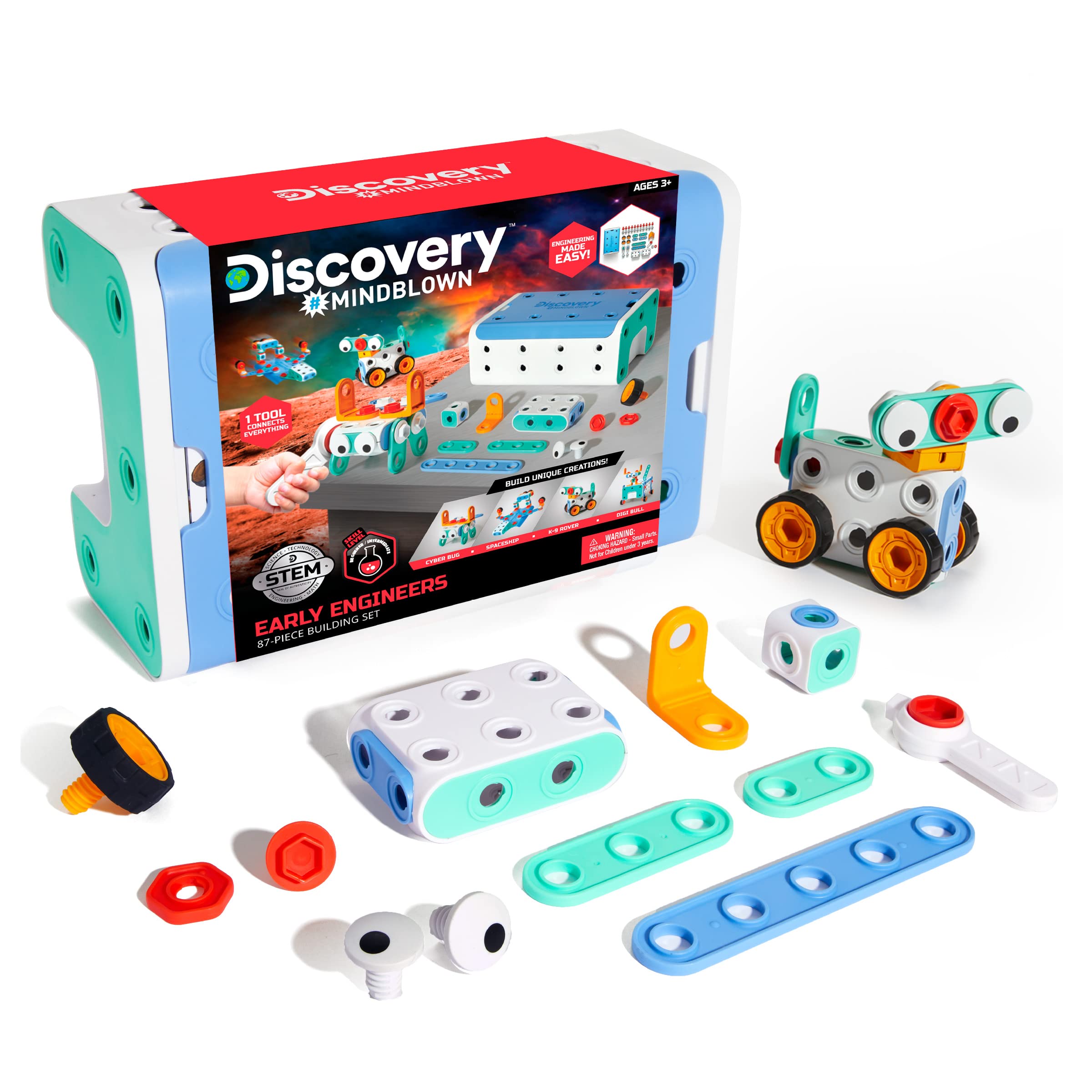 Discovery #MINDBLOWN Early Engineers 87-Piece Building Set, Easy & Fun Kids Design Kit, Build Unique Robot Creations with 1 Tool, Educational STEM Learning Toy, Construction Playset for Ages 3 & up