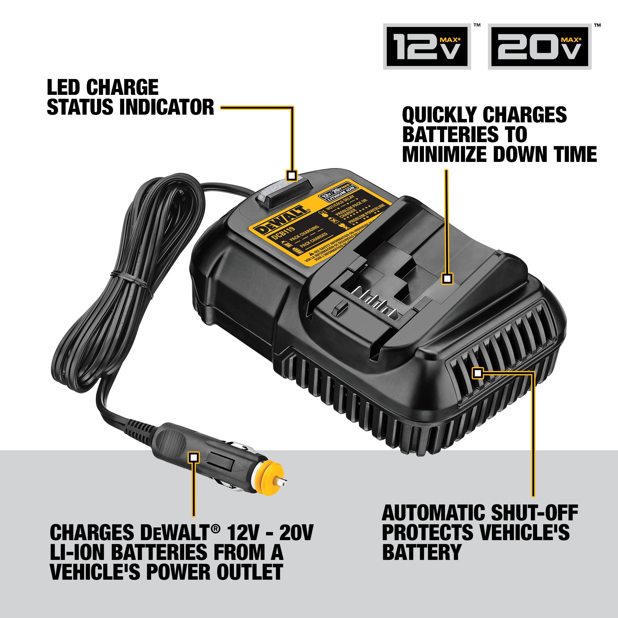 DEWALT 12V/20V MAX Car Battery Charger, Corded Charger for Vehicles, 5.0Ah (DCB119)