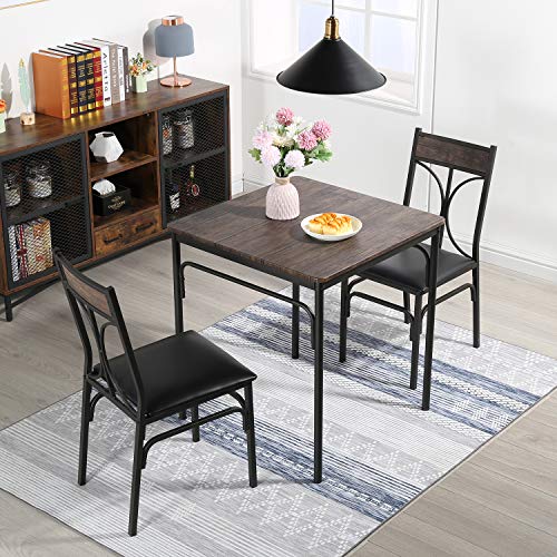 VECELO 3-Piece Kitchen Room Chairs Set for Home, Dinette, Breakfast Nook, Farmhouse, Small Space, Dining Table for 2, Dark Brown
