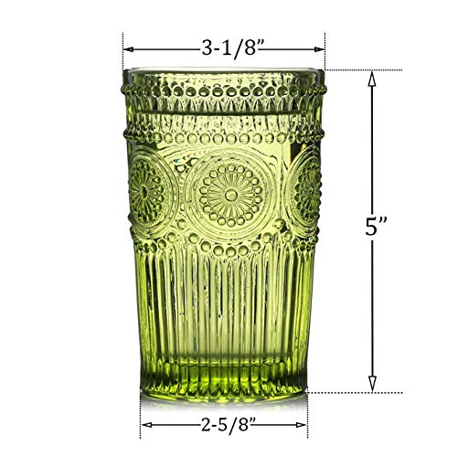 Kingrol 6 Pack 12 oz Vintage Drinking Glasses, Embossed Romantic Water Glassware, Glass Tumbler Set for Juice, Beverages, Beer, Cocktail (Green)