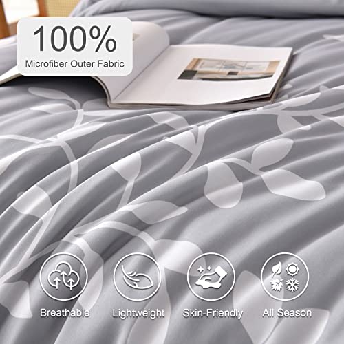 METAHOTS King Size Comforter Set, 7 PCS White Flowers Botanical Printed on Grey Comforter Set with Sheets, Soft Lightweight Microfiber Bedding Set for All Season(104"X90")