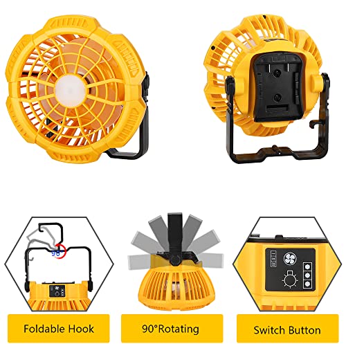 Hiesuan Compatible with Dewalt Fan 20v Portable Camping Tent Fan with Lantern, Remote, 4H Timer, Hook Cordless Ceiling Fan Personal Fan for Dewalt 14.4-20V Li-Ion Battery