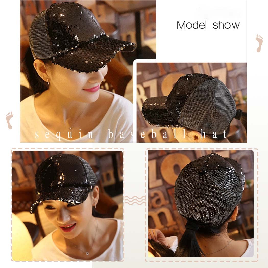 deladola Glitter Sequin Baseball Hat Women Sparkly Stylish Plain Ajustable Cap Party Festival Rave Outdoor Hats for Men Black
