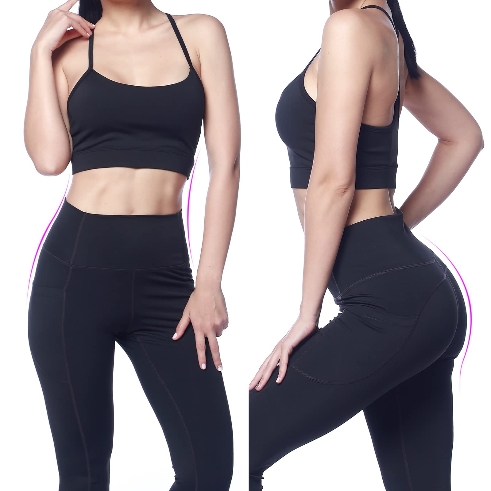 EHKAH Women's Yoga Pants Soft High Waisted Workout 7/8 Length Leggings with Pockets (Complimentary Armband) Black