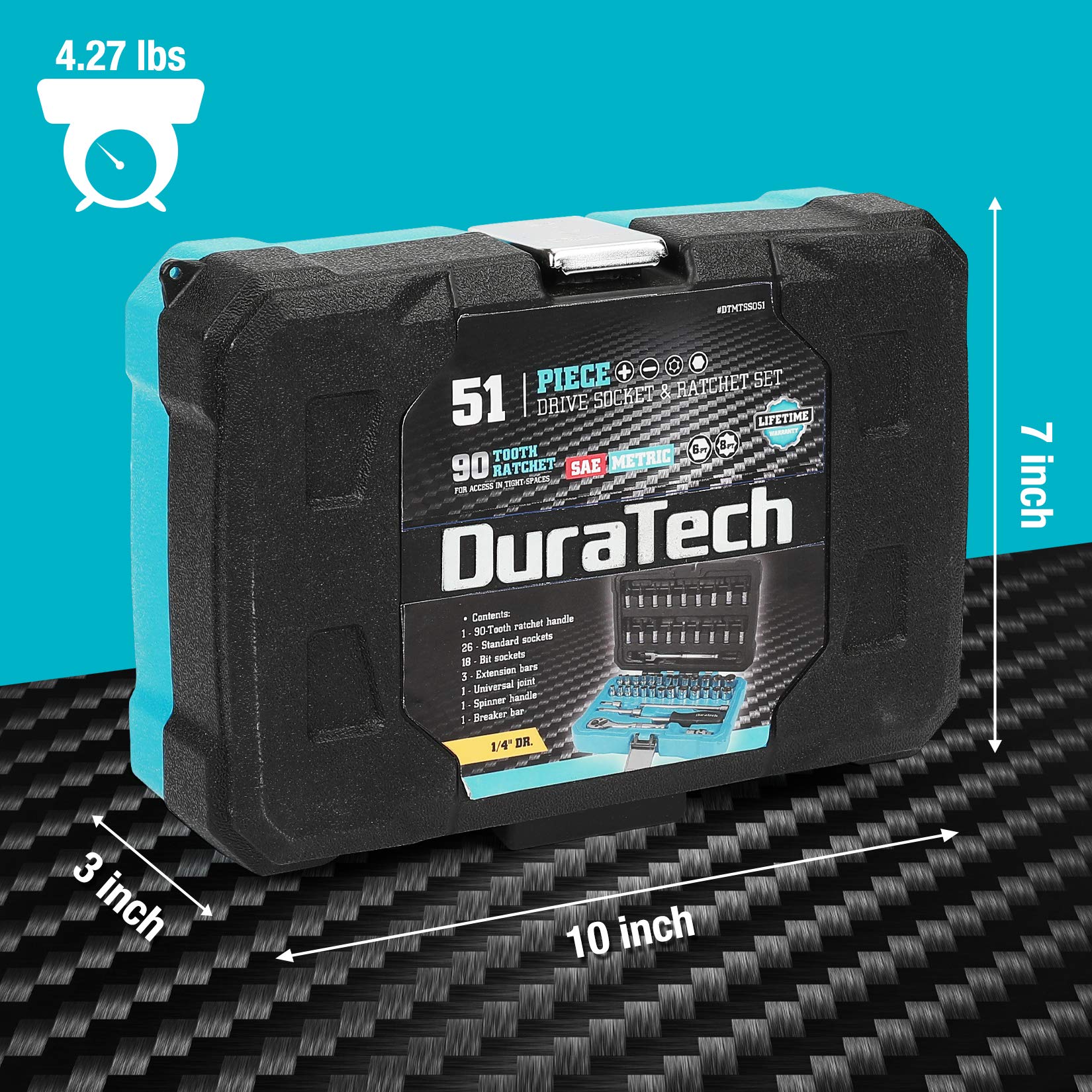 DURATECH 1/4" Socket Set, 51 Piece Tool Set Including Standard(SAE) and Metric Sockets, Bit Sockets, Ratchet and Universal Joint