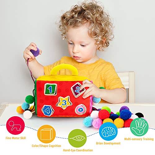 Educational 1 Year Old Activity Pull String Baby Preschool Sensory Toys for Learning Fine Motor Skills Shape Sorter Montessori Toys for Babies 6-12 Months-8 Ropes&2-Sided Bag&20 Cotton Water Balls