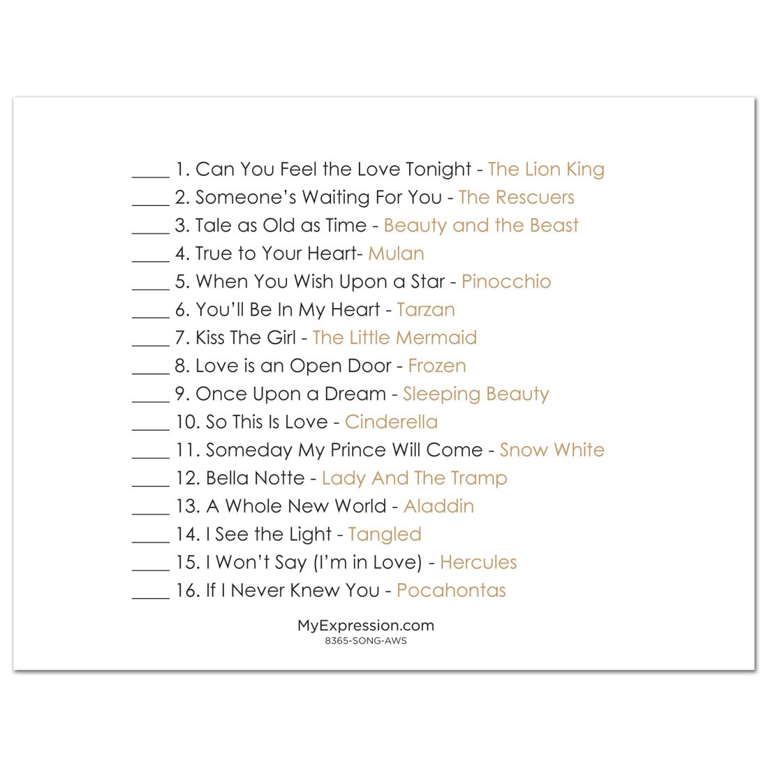 MyExpression.com 24 Cnt Love Song Match Bridal Game Cards (Faux Gold Glitter on White)