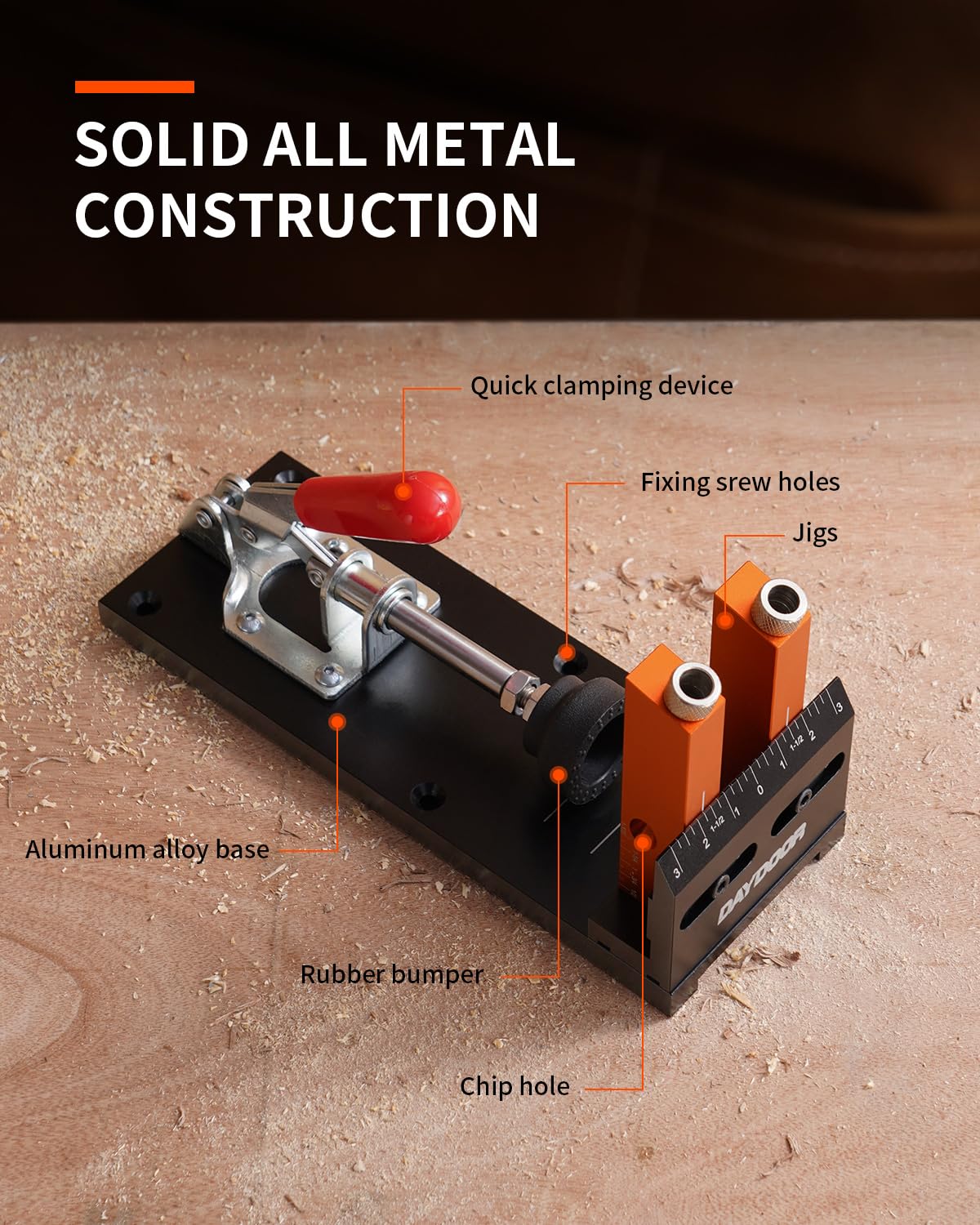 DAYDOOR Pocket Hole Jig Kit, Aluminum Pocket Screw Jig with Removable Jigs, Professional Pocket Hole Drill Guide for DIY Carpentry Projects Orange XC025