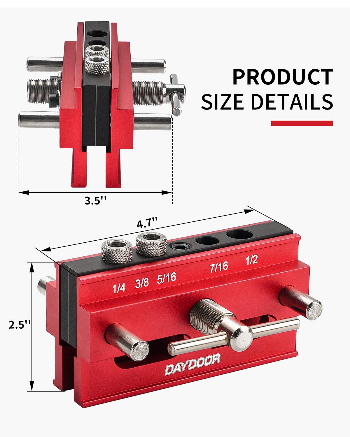 DAYDOOR Self Centering Doweling Jig, Adjustable Width Dowel Jig for Straight Holes, Biscuit Joiner Set with 6 Bushings and 3 Drill Bits(Red)