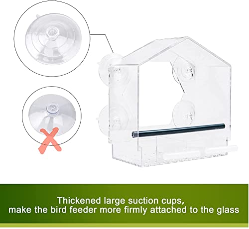 Fubullish Window Bird Feeder, Large Bird House Feeders for Outside with 4 Strong Suction Cups & 2 Extra Bird Stands, Removable Tray and Drain Holes, Birdhouse Shape, Clear Acrylic for Bird Watching