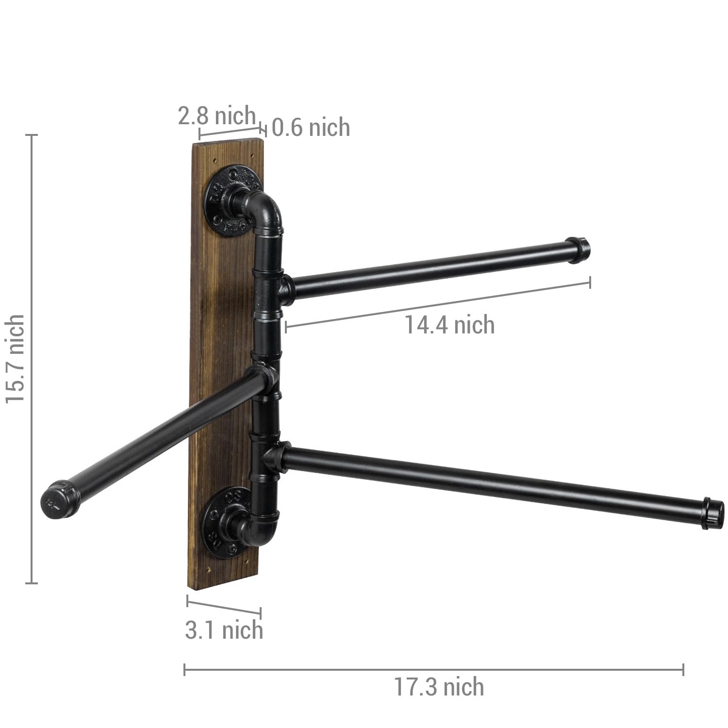 MyGift 17.3 Inch Wall Mounted Bathroom Swivel Towel Rack on Rustic Burnt Solid Wood Board, 3 Tier Industrial Black Metal Pipe Bars with 180 Degree Swing for Towels