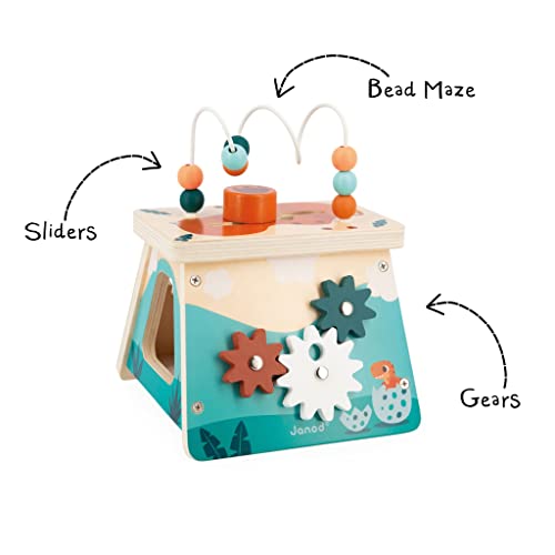 Janod Dino - Dinosaur Shape Sorter Wood Multi-Activity Volcano - 5 Activities in One - Ages 12 Months- 3 Years - J05827