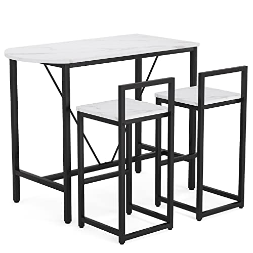 Tribesigns Bar Table and Chairs Set, 43.3" Pub Bar Dining Table and 2 Bar Stools, 3-Piece Wood Counter Height Breakfast Table Set with Metal Frame and Faux Marble Tabletop (White)