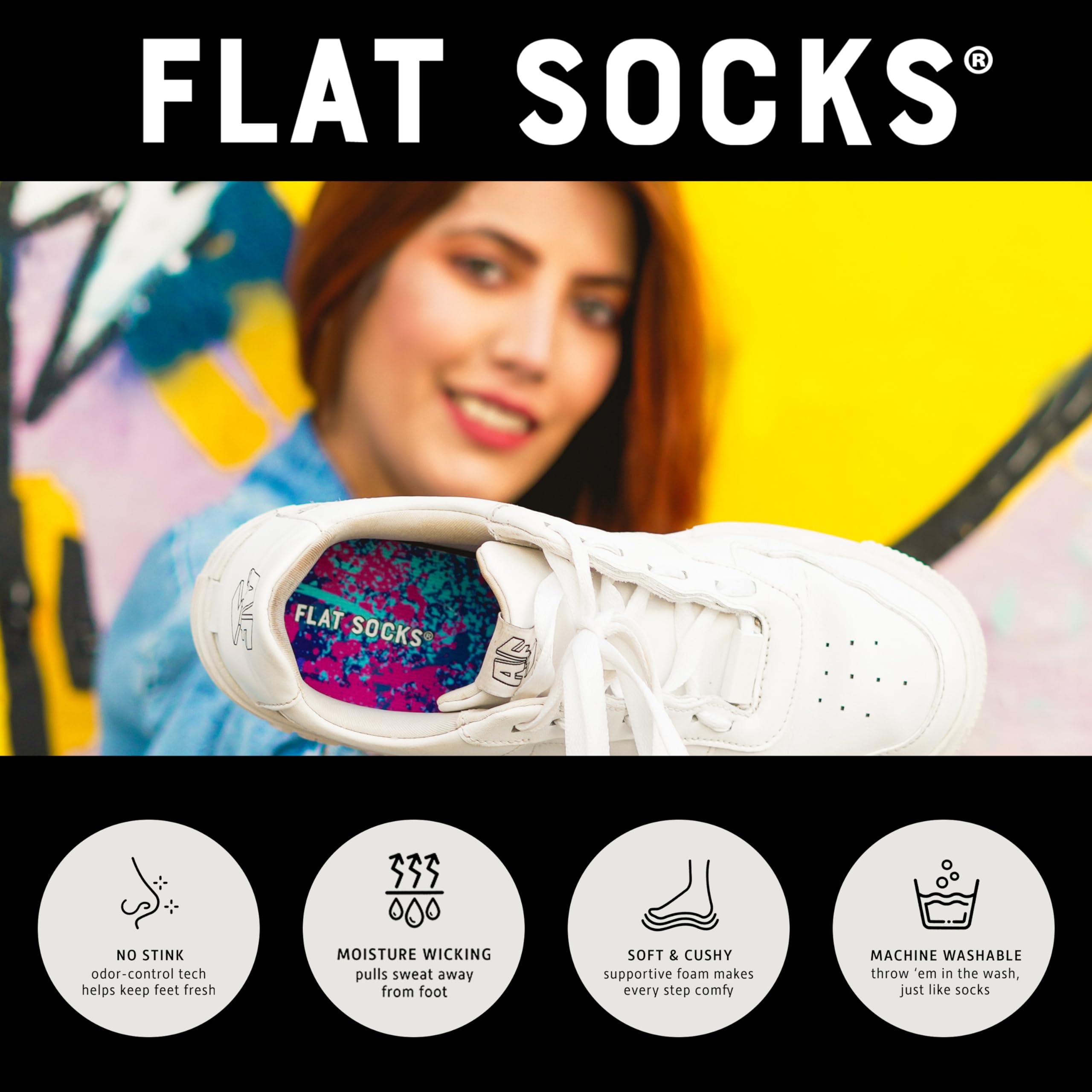 FLAT SOCKS No Show Socks, Sockless Shoe Liner, No Slipping, No Stinking, Washable Barefoot Shoe Insert for Men and Women, Neon Explosion, Large