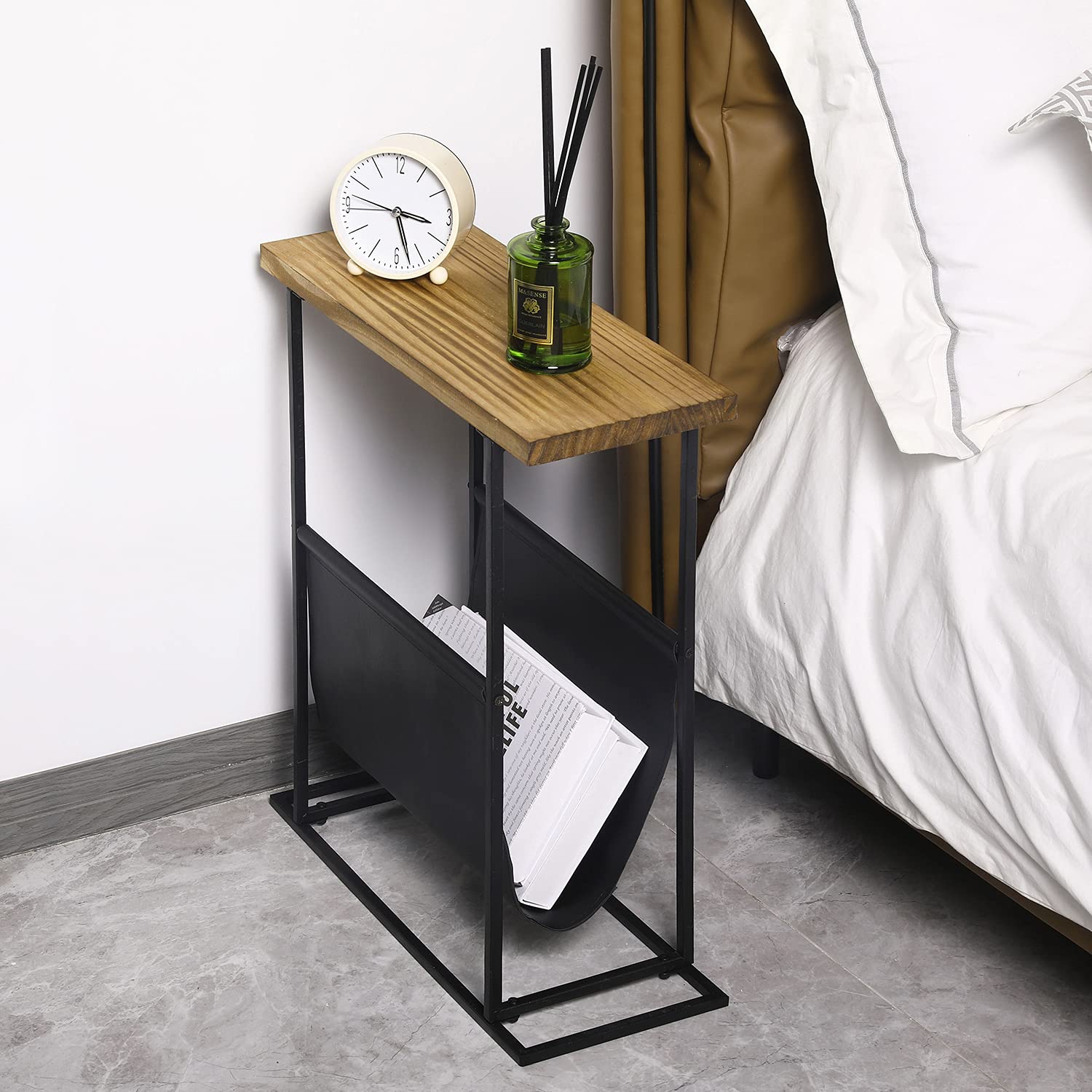MyGift 21-Inch Modern Narrow Living Room End Table with Solid Burnt Wood Tabletop and Black Metal Frame, Bedroom Nightstand Side Table with Magazine Holder Sling