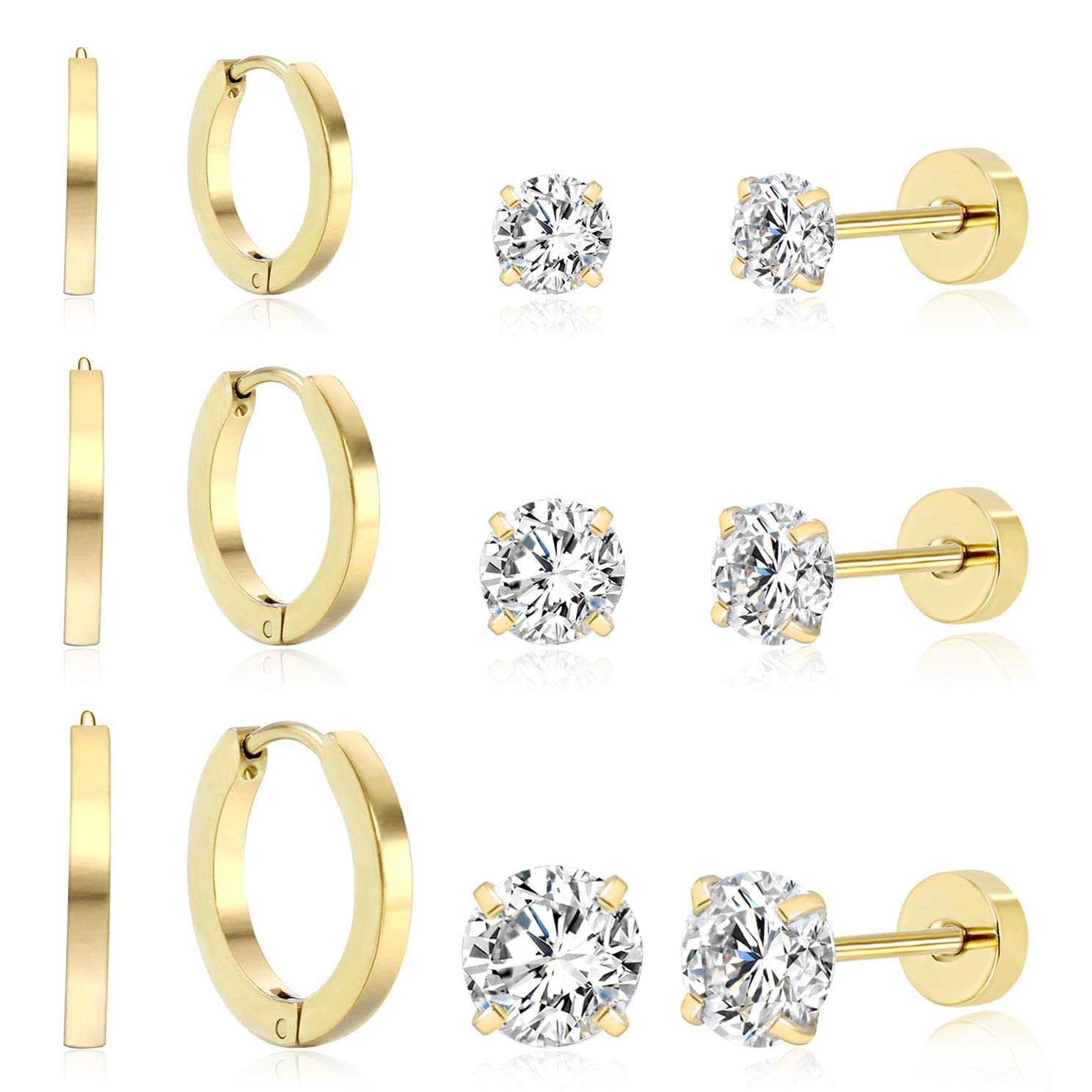 Earring Sets for Multiple Piercing, 6 Pairs 14K Gold Plated Small Huggie Hoop Earrings Tiny Flat Back Cubic Zirconia Earrings Studs Cartilage Helix Earring for Women Men (14K Gold)
