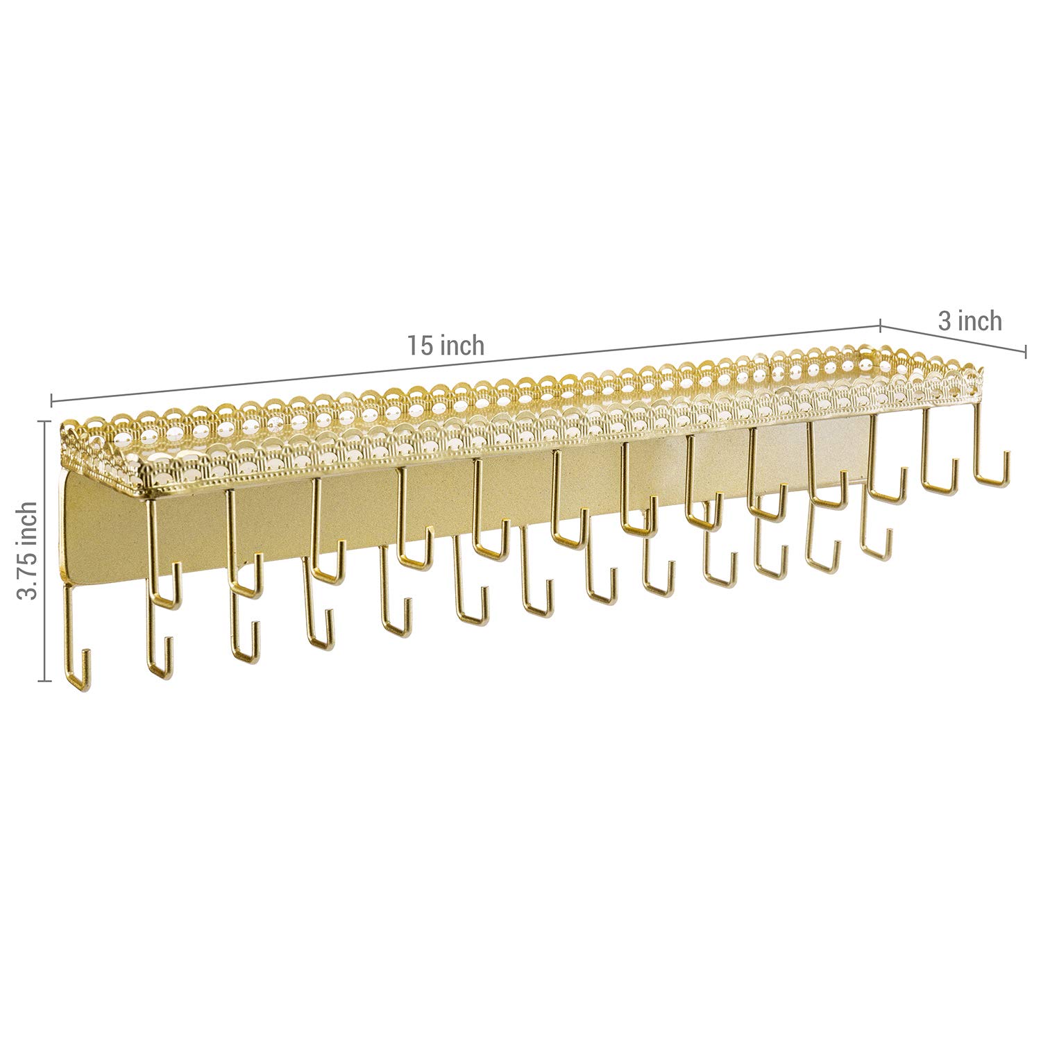 MyGift 26-Hook Gold-Tone Wall-Mounted Metal Jewelry Organizer with Display Shelf