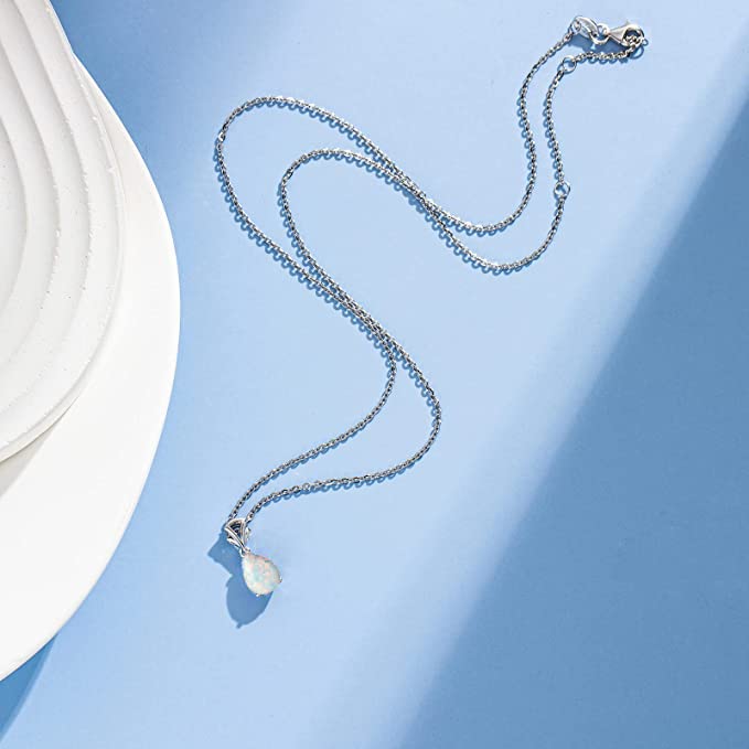 FANCIME Opal Necklace 14K Solid White Gold Teardrop Pendant Necklace October Birthstone Birthday Gifts for Mom Women