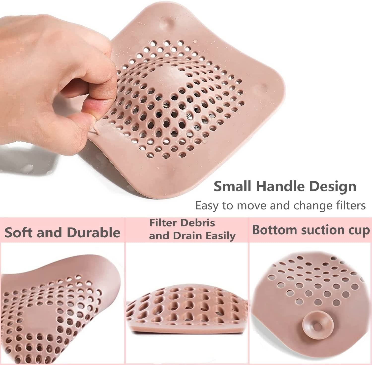 Hair Drain Catcher 4PCS, Raised Square Drain Cover with Suction Cup, Silicone Hair Catcher Hair Stopper Drain Cover for Bathroom Bathtub Kitchen