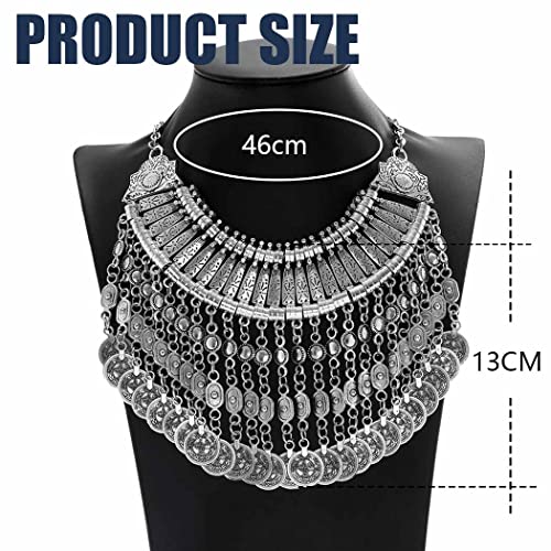 Flatser Boho Chunky Necklaces Silver Coin Collar Choker Tassel Statement Chain Prom Party for Women and Girls