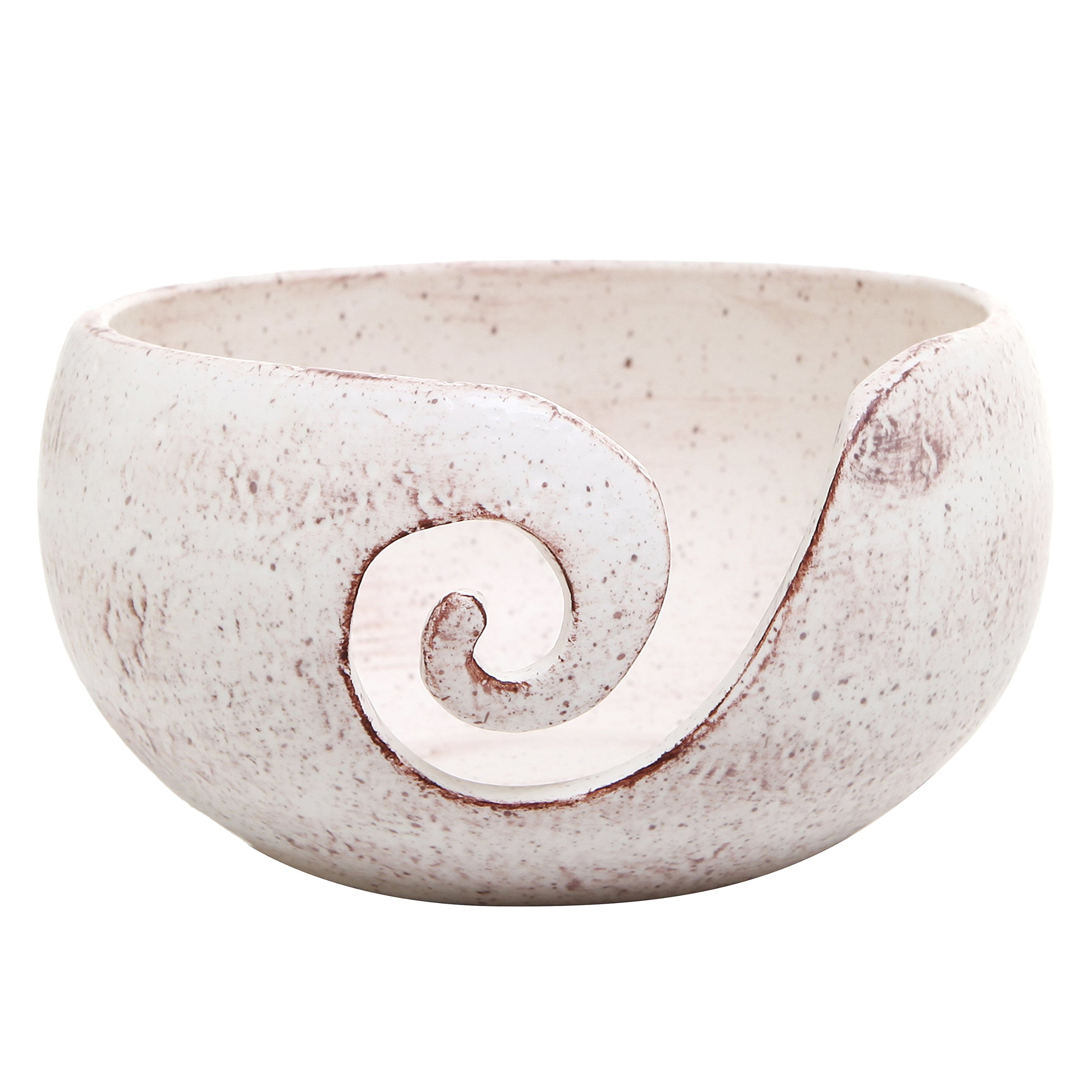 MyGift Cream Ceramic Tangle-Free Yarn Ball Bowl, Rustic Handcrafted Knitting Crochet Bowl with Cut Out Swirl