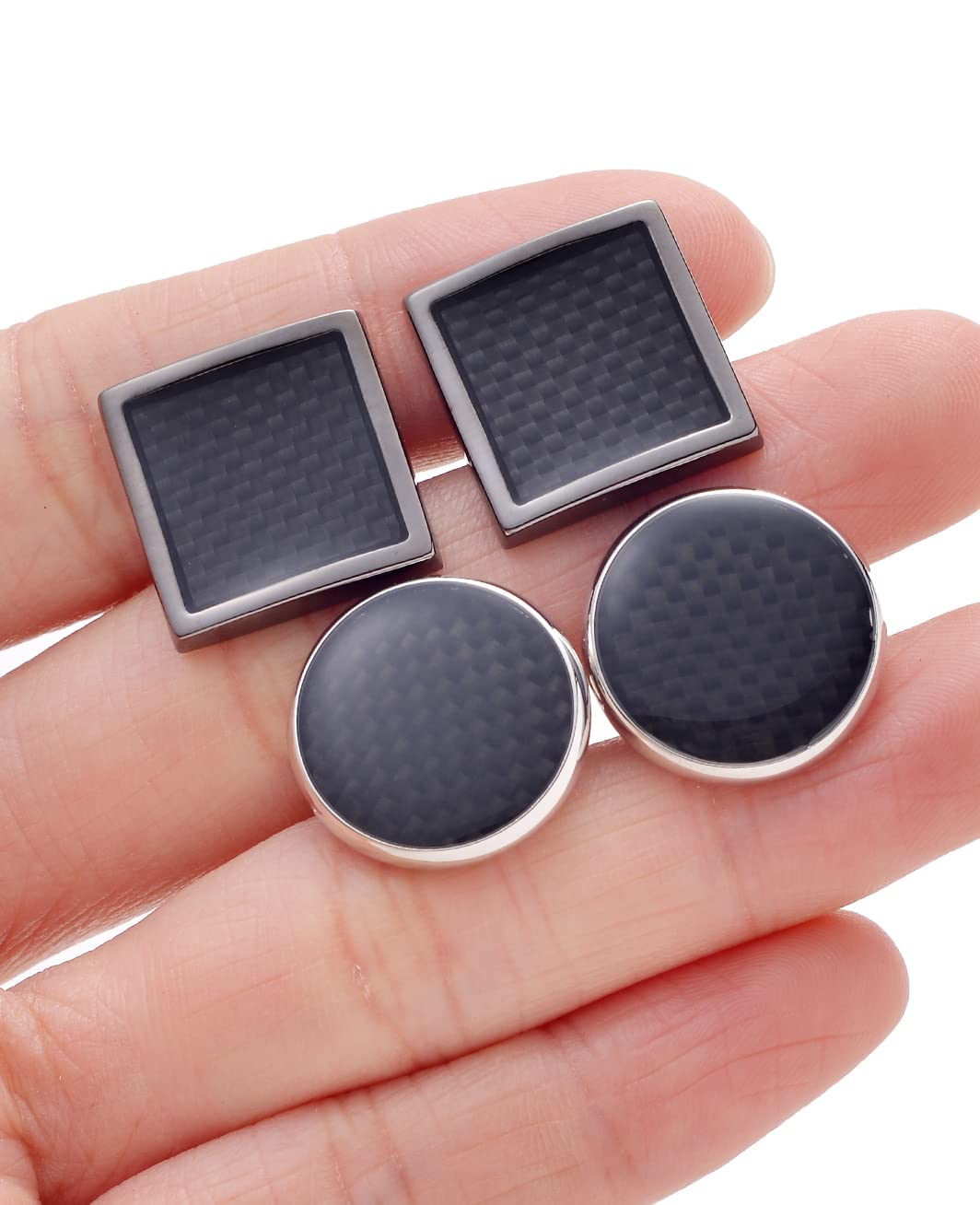 Fxiqini 2 Pairs Classic Tuxedo Cufflinks for Men Bridegroom Flat Square Round Knot Cuff Links For Business Wedding Silver Black Tone