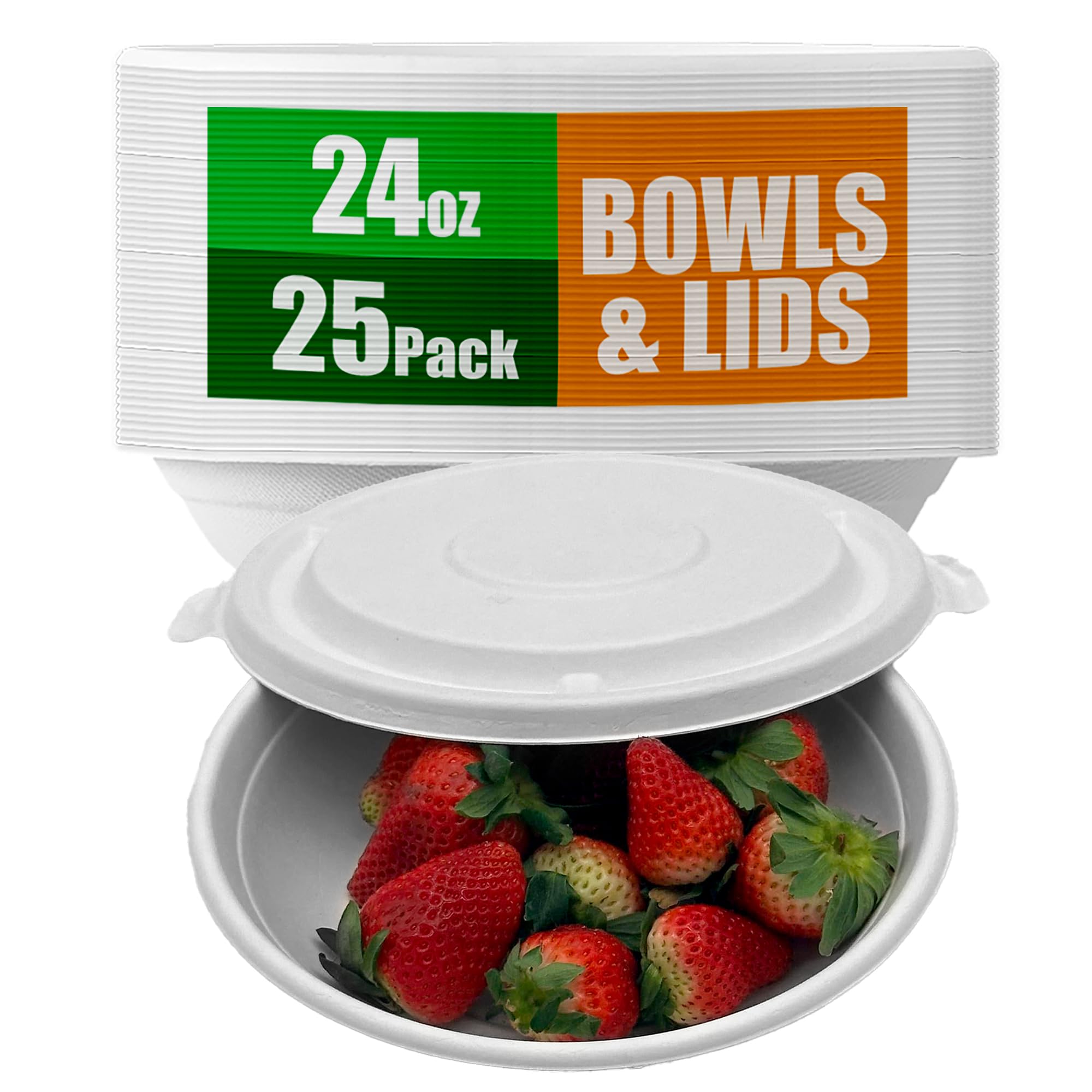 Earth's Dreams 25-Pack 24oz 100% Compostable Bowls With Lids, Eco-Friendly Bagasse Sugarcane Fiber Paper Bowls/Disposable Bowls - Hot Soup Or Breakfast Bowls -Kid-Friendly Or Disposable Pet Bowls