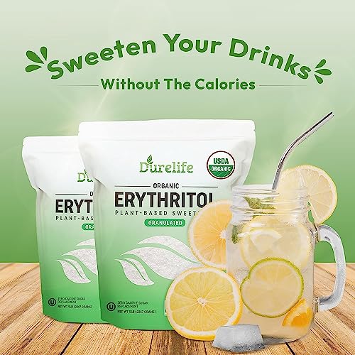 Durelife USDA organic erythritol sweetener, non gmo verified, Keto certified, No After Taste, Kosher, Zero Calorie Plant-Based Sugar Alternative (1, 5 LB (80 oz))