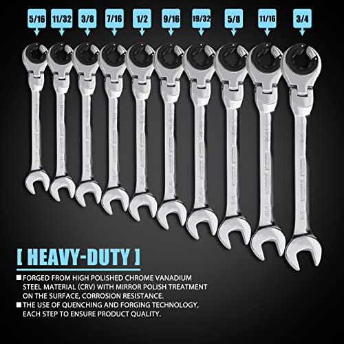 LOSCHEN】SAE Flex-Head Ratcheting Wrench Combination Wrench Set 10 Pcs/Set with 72 Teeth, Chrome Vanadium Steel Tubing Ratchet Spanner(US and European Patents)