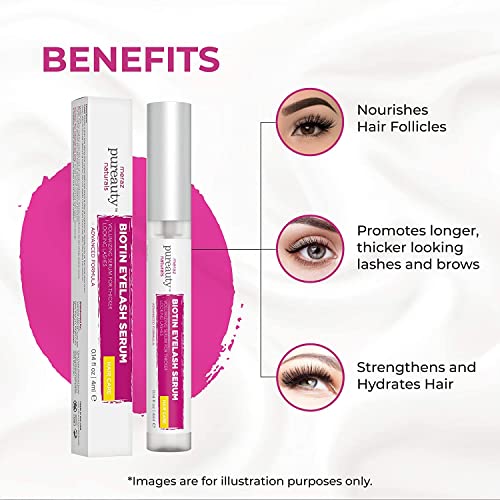 Eyelash Serum Biotin Eyebrow Serum, Lash Boost, Longer and Thicker Looking Lashes and Eyebrows, Enhancer With Biotin, Castor Oil, Vitamin E - Pureauty Naturals - 4ml