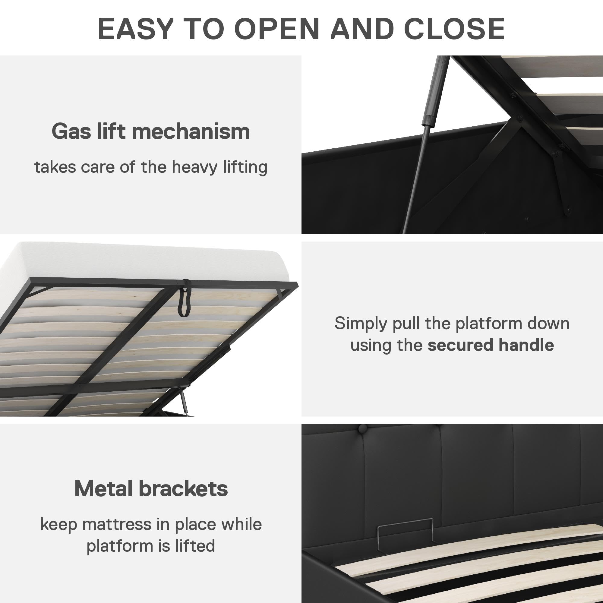 DHP Cambridge Gas Lift Upholstered Platform Bed with Storage Compartment and Button Tufted Headboard and Footboard, No Box Spring Needed, Queen, Black Faux Leather