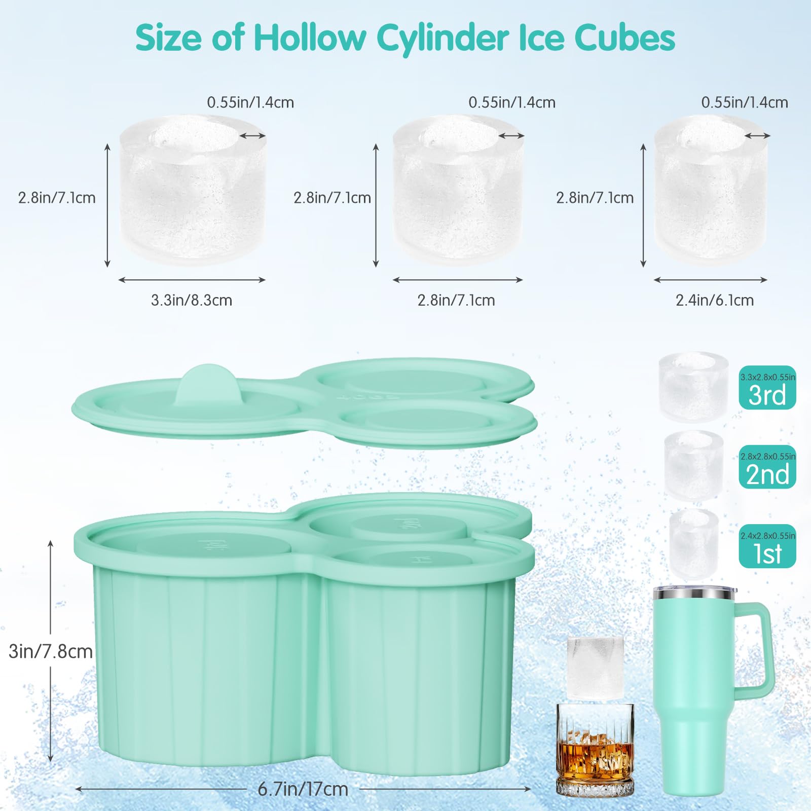 Ice Mold for Stanley Cup, Silicone Ice Cube Tray for 20-30-40oz Tumbler, Hollow Cylinder Ice Cube Mold with Lid for Stanley, Easy Fill and Release Ice Maker Tray for Whiskey, Cocktail, Coffee, Juice
