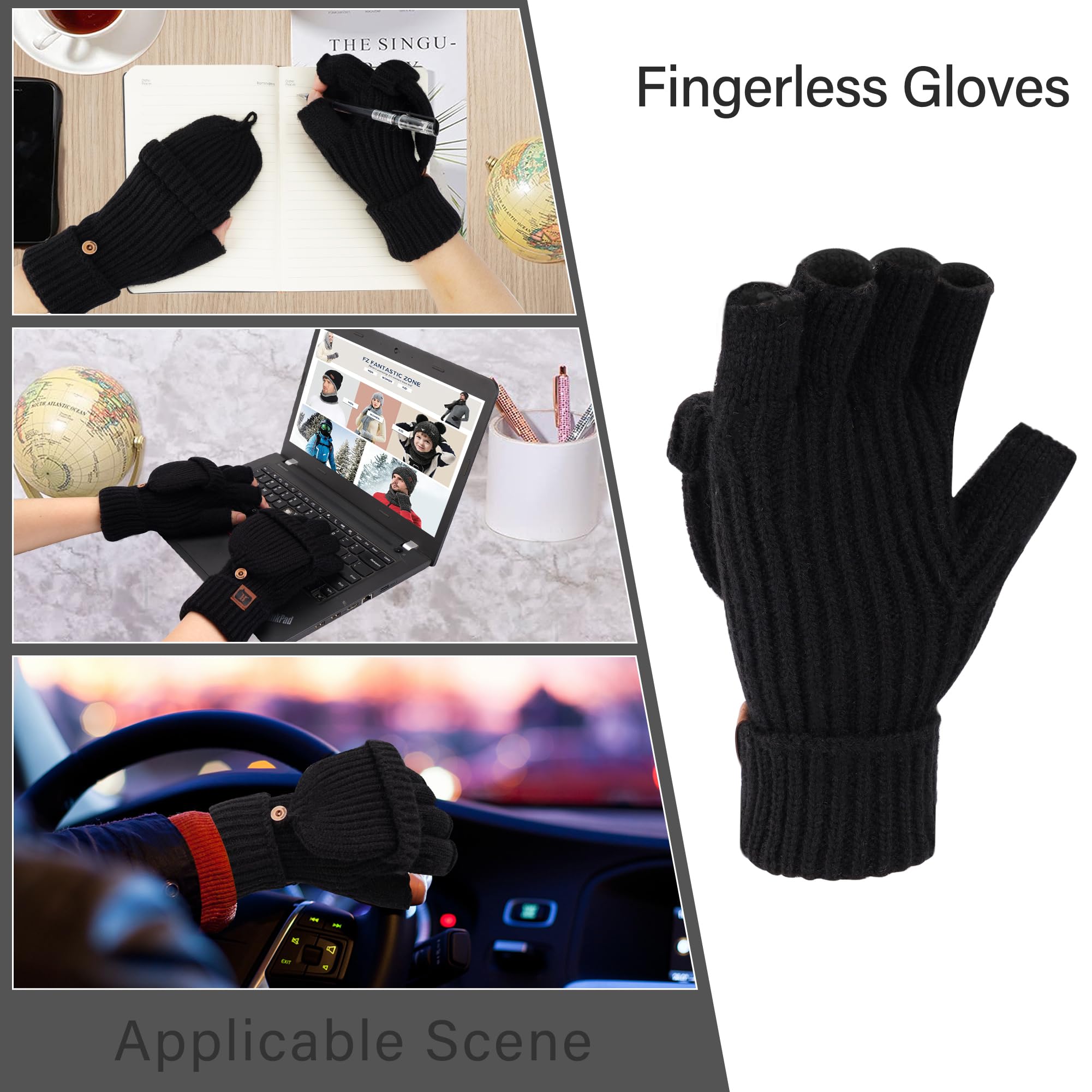 FZ FANTASTIC ZONE Womens Winter Knit Fingerless Work Gloves Convertible Mittens Warm for Cold day