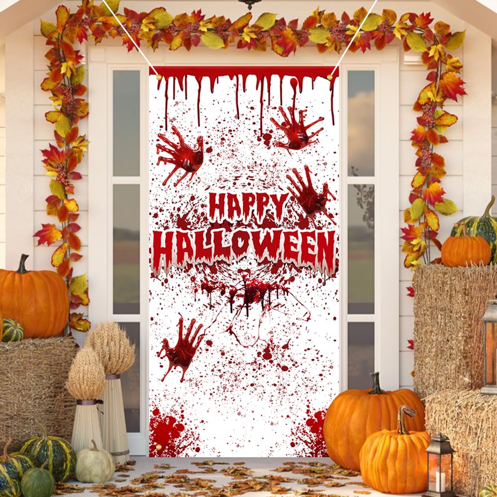 Halloween Door Cover Decoration, Scary Bloody Handprint Porch Happy Halloween Sign Bloodstain Hanging Banner Door Cover for Indoor Outdoor Porch Patio Wall Decoration Halloween Supplies