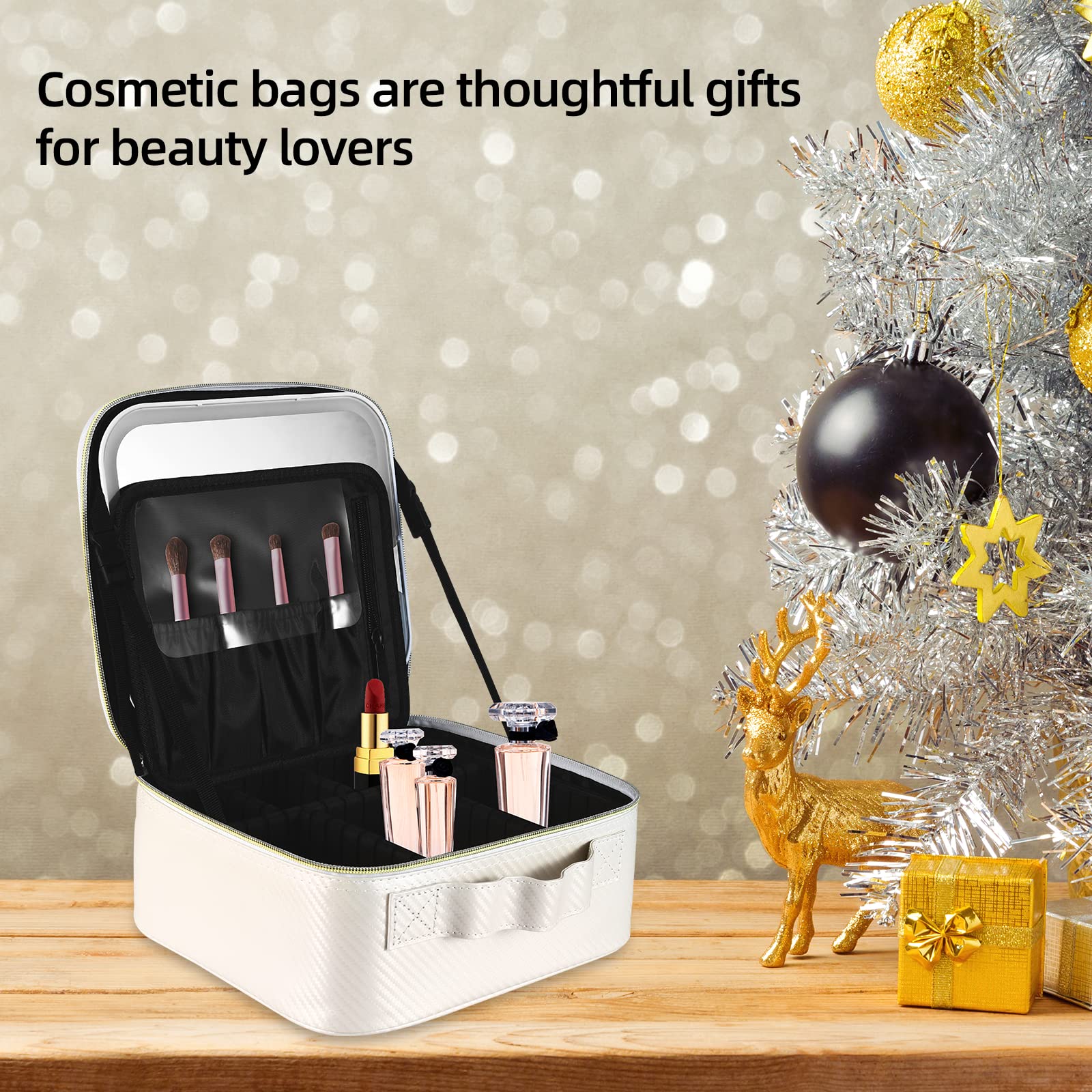 Ginleder Beauty bag Waterproof Leather travel portable makeup case with Adjustable Big Led lights mirror Cosmetic Storage Box (Beige)