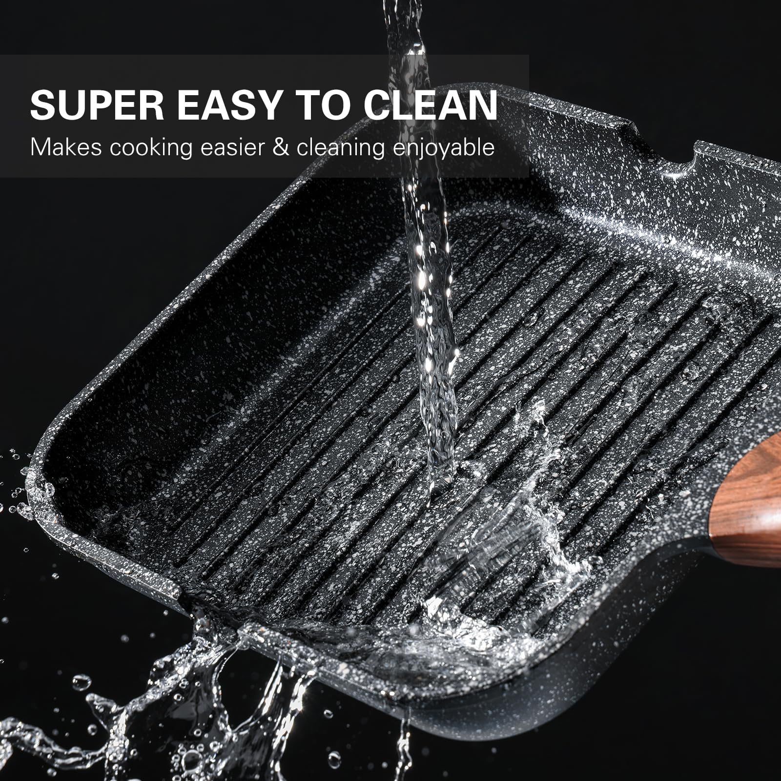 Kordisen Nonstick Grilling Pan for Stove Tops, 9.5 Inch Square Grill Pan for Indoor Cooking, Granite Coating Grill Skillet with Pour Spouts, Versatile Griddle, Induction Steak Pan, PFOA Free