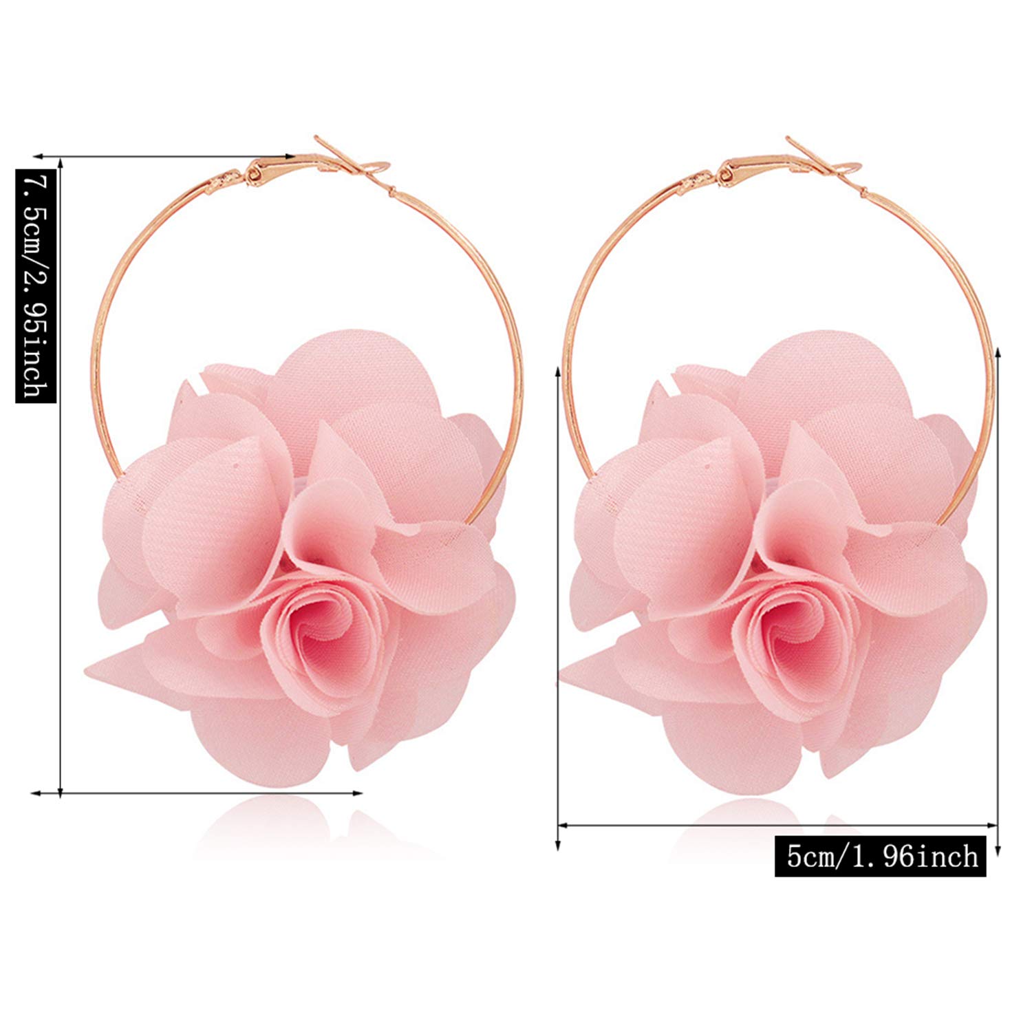 DAMLENG Lightweight Bohemian Big Fabric Flowers Dangle Drop Earrings Handmade Charm Chic Petal Hoop Earrings with Chiffon Floral Tassel for Women Vacation Wedding (Pink)