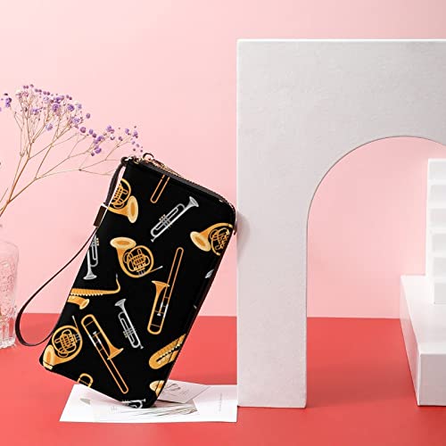 FunnyStar Trombone Trumpet Saxophone Women's Long RFID Hand Wallet Wristlet Clutch Purse PU Leather Handbag with Wrist Strap