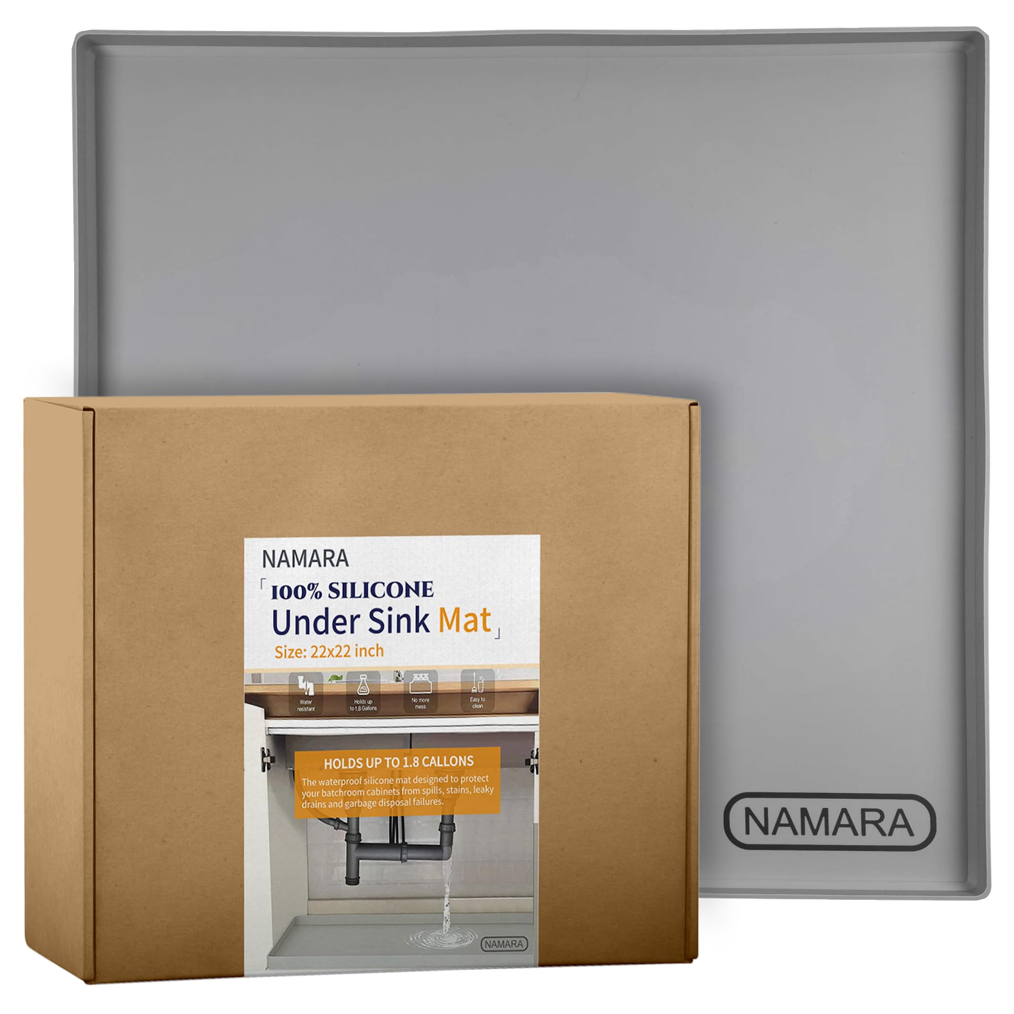 NAMARA Under Sink Mat – 22 x 22 Inches Silicone Sink Mat for Kitchen Sink – Modern Grey Under Sink Organizers and Storage Sink Mat – Protects Against Water Drips, Spills – Easy to Clean, Gray