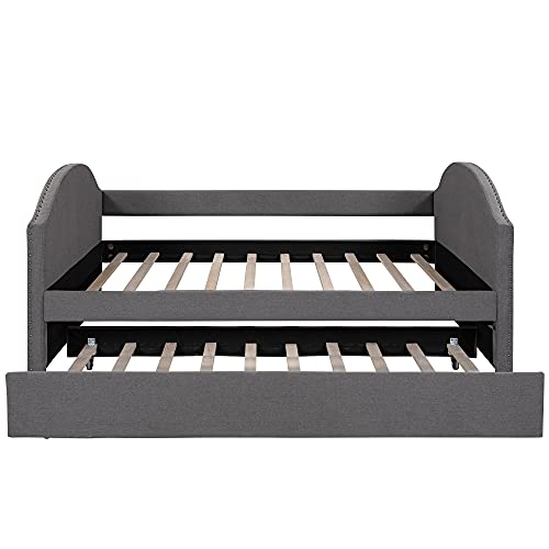 HSBD Full Size Daybed with Trundle, Modern Upholstered Day Bed Linen Fabric Sofa Daybed Frame with A Roll-Out Trundle, No Box Spring Needed, Furniture for Bedroom Living Room Guest Room