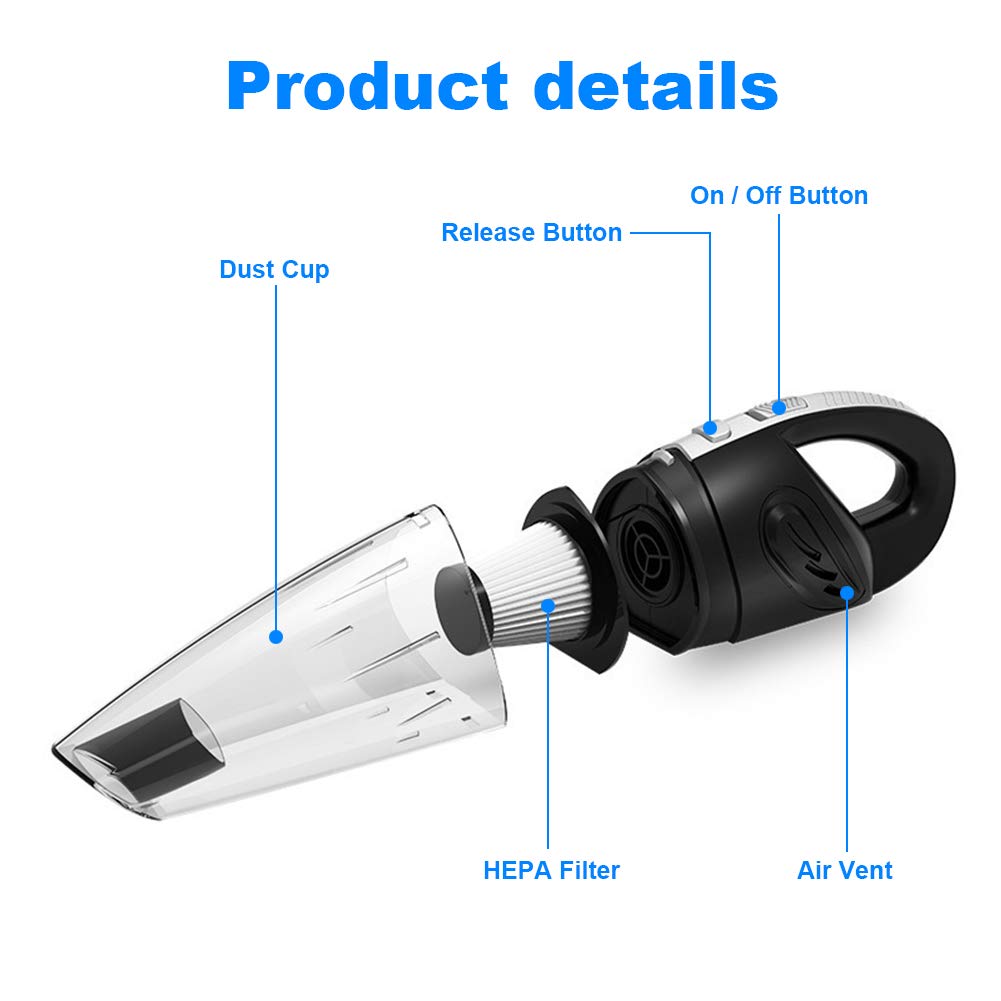 Dustbuster Handheld Vacuum YWUS Rechargeable Vacuum 7Kpa Handheld Cleaner with Filtration System, Cordless, Wet/Dry DC 12V and Low Noise(Black)