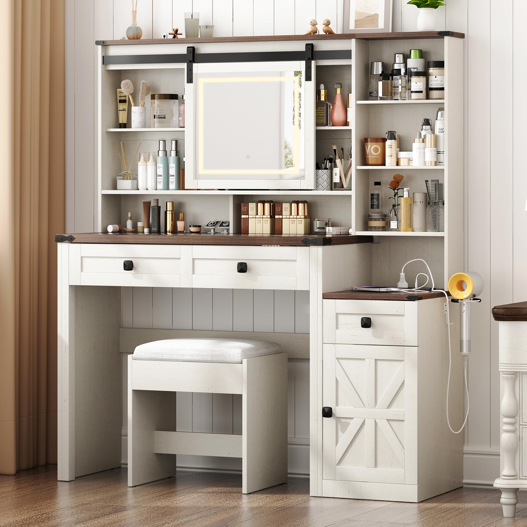 jiteentarou Farmhouse 47.2" Makeup Vanity Desk with Sliding Mirror and Lights, Vanity Set with Stool & Charging Station, 3 Colors Lights, Glass Desktop, Ample Storage, Brown