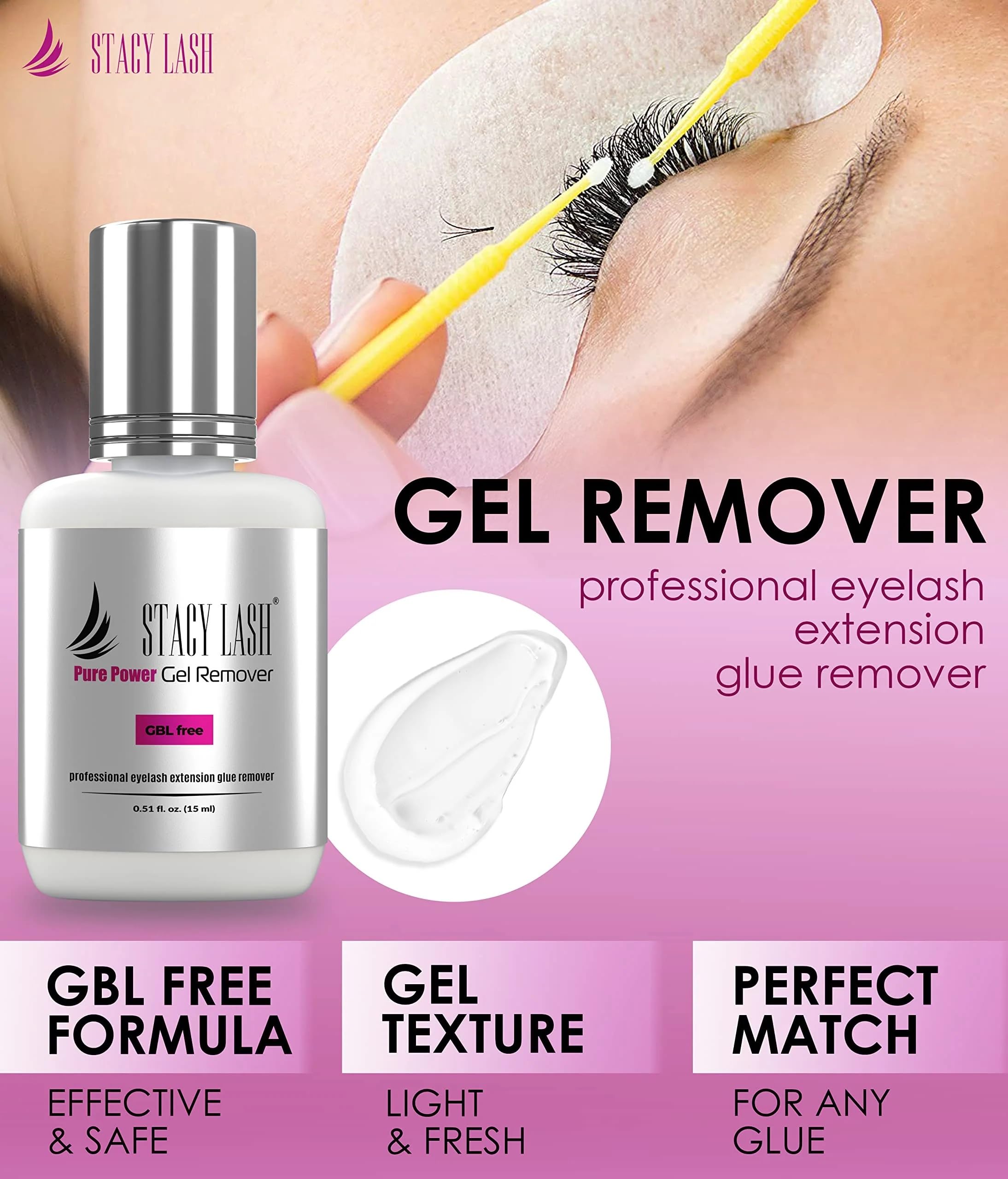Eyelash Extension Remover by Stacy Lash (0.51 fl.oz / 15 ml) / Odorless Lash Remover for Lash Extensions / 60 Sec Dissolution Lash Glue Remover/Professional Lash Tech Supplies