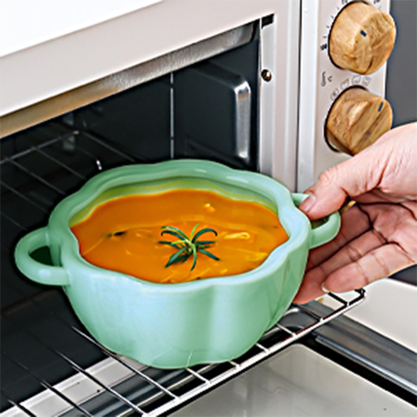 Dutch Oven Pot with Lid, Pumpkin Pottery Dessert Saucepan, Mini Baking Dish Cute Pumpkin Bowl, Covered Dutch Oven Ceramic Stockpot, Pumpkin-Shaped Casserole (Green)