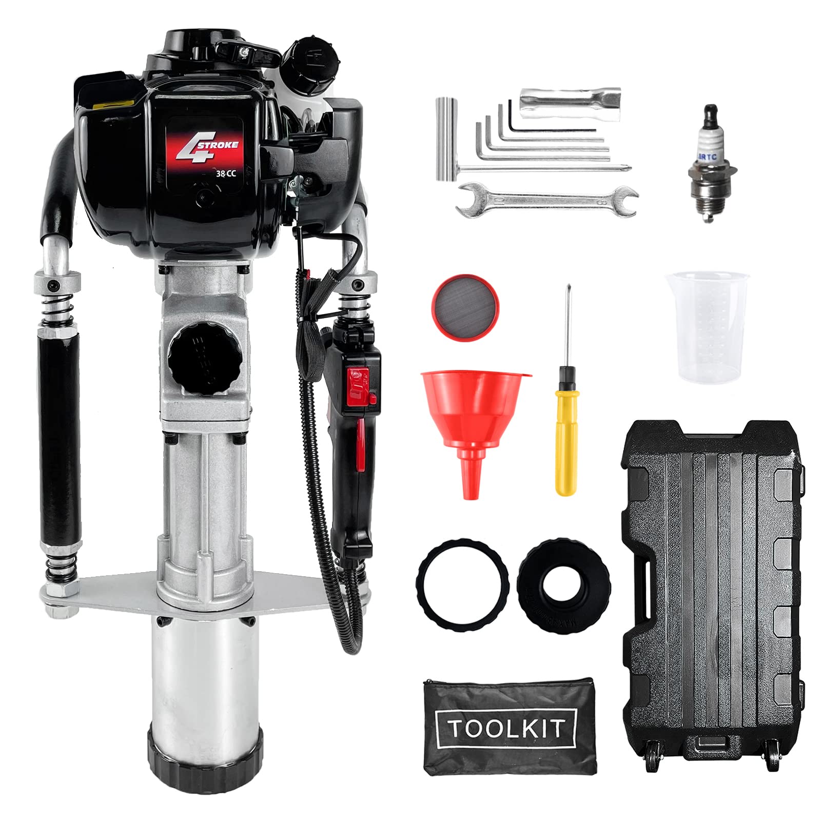 JKCHEN PRO 4 Stroke Gas Powered T Post Driver Hammer Drill, 37.7CC Air Cooling Single Cylinder Gasoline Petrol Fencing Tool with 3 Post Driving Head - 45mm,55mm,88mm pile sleeve