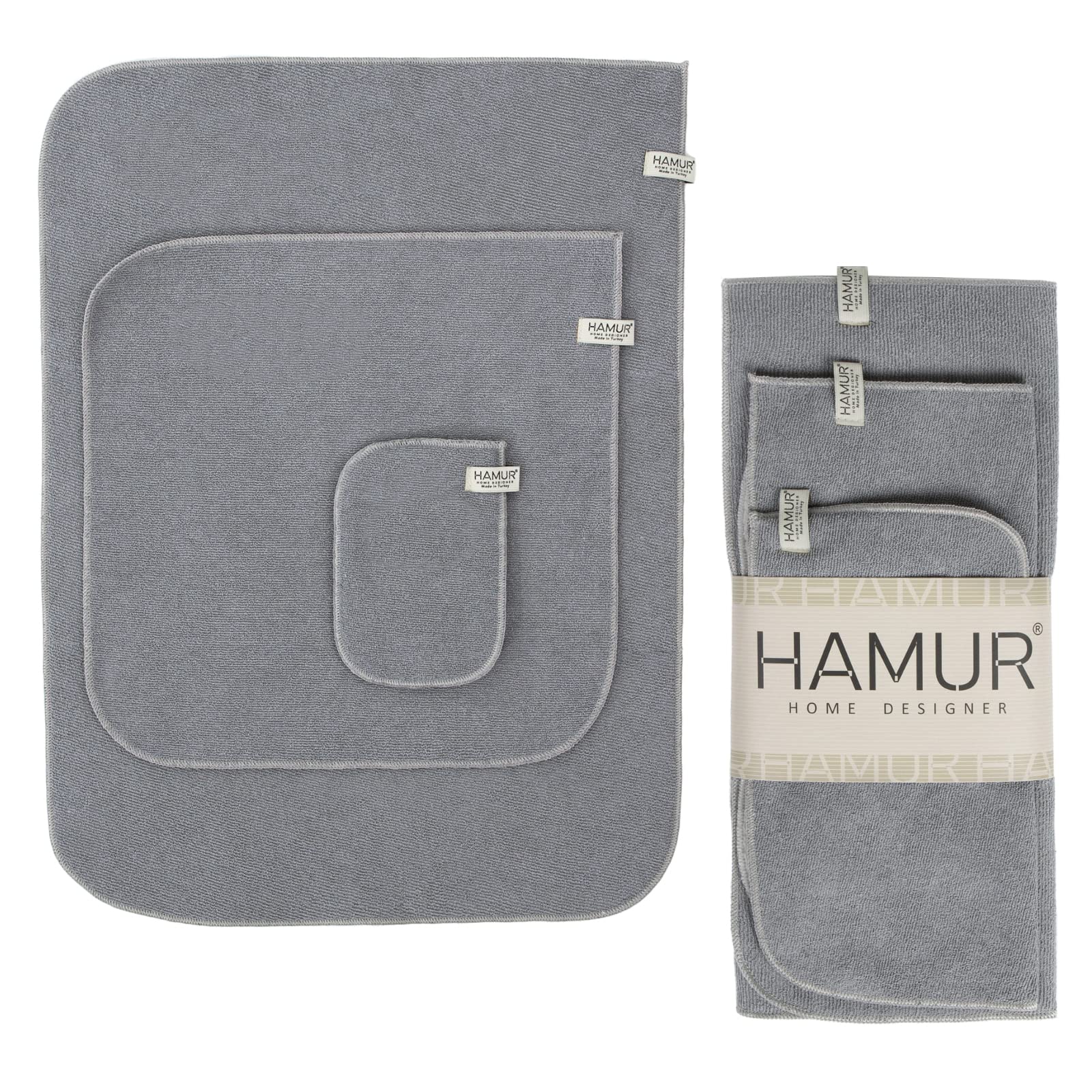 HAMUR Kitchen Dish Drying Mat 3-Set, Super Absorbent Drainer Mats for Kitchen Counter, Multiuse Draining dishes Pad with cleaning rug & dish sponge, under dish rack & sink pad