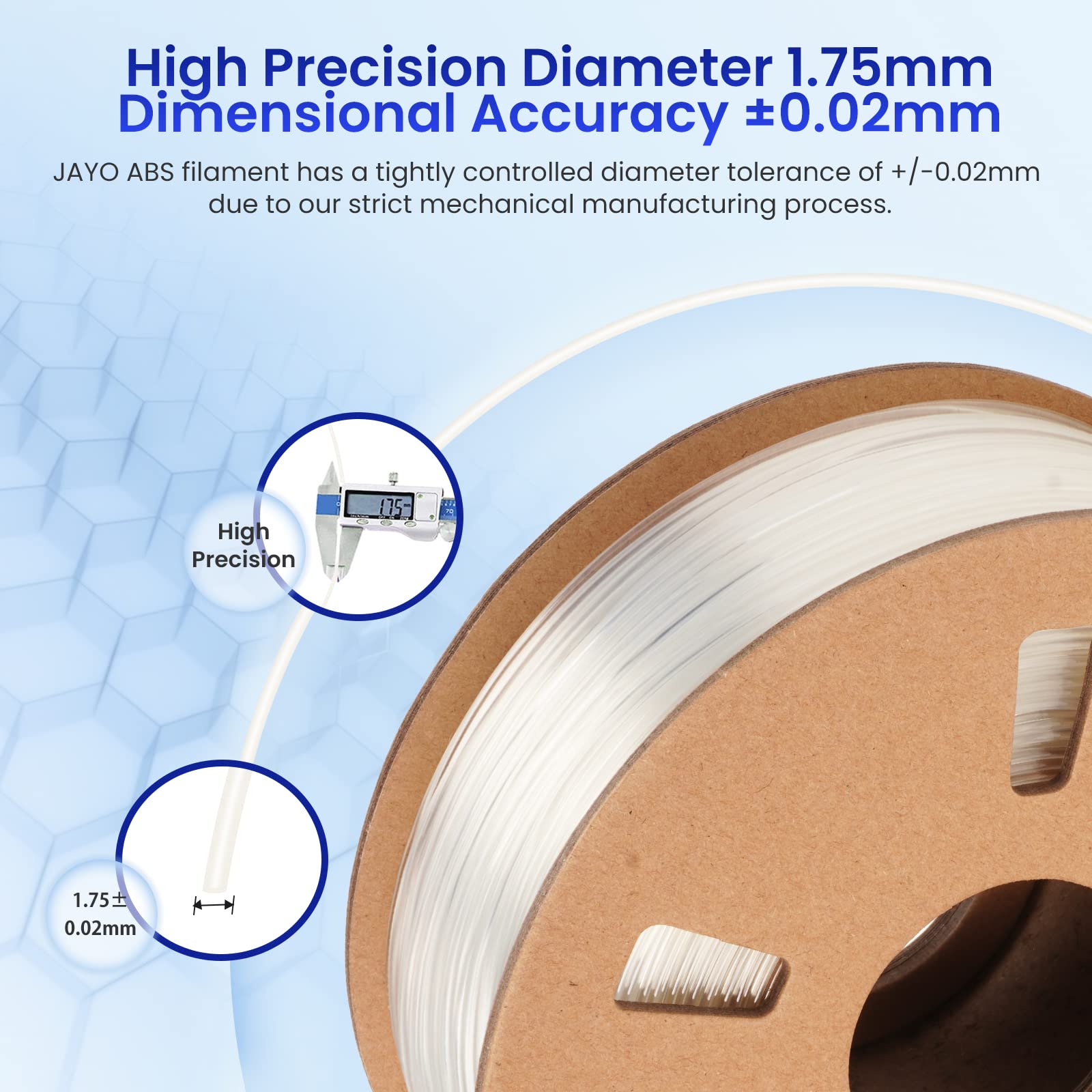 JAYO ABS 3D Printer Filament, Impact and Heat Resistant ABS Filament 1.75mm Dimensional Accuracy +/- 0.02mm, 0.65KG Cardboard Spool 3D Printing Material Fits FDM Printers, ABS Transparent 650G
