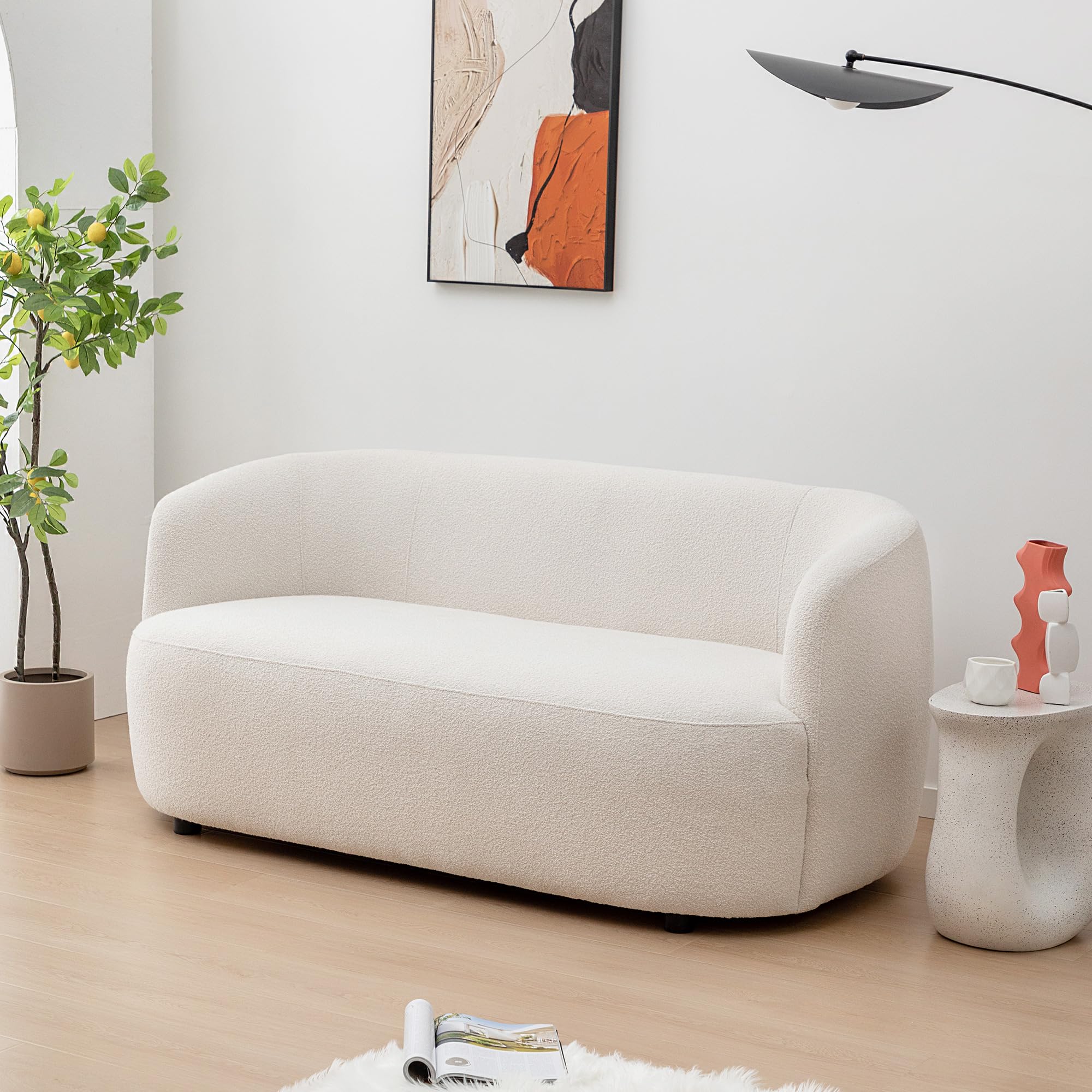 KINWELL 85-Inches Boucle Upholstered Sofa, 3 Deeper Seat loveseat Sherpa Couch with 5 Toss Pillows for Living Room, Beige