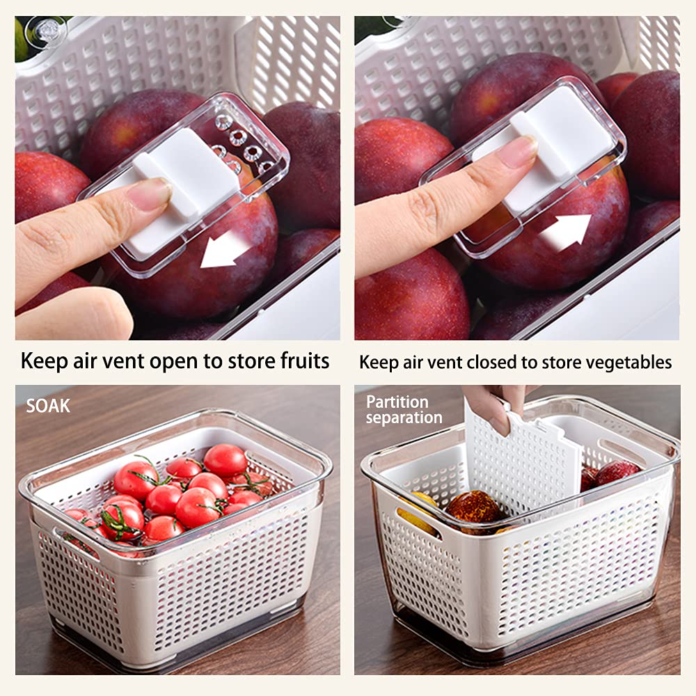 HIEEY 6pack-Drain basket 6-Piece Fruit Storage Containers for Fridge with Strainer,Produce Containers for Fridge,Lettuce Keeper,White (Not Dishwasher Safe) | BPA-Free