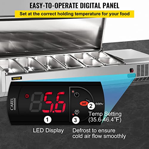 VEVOR 40Qt Sandwich Table 150W Stainless Salad Bar Refrigerated Condiment Prep Station, 60in, Silver
